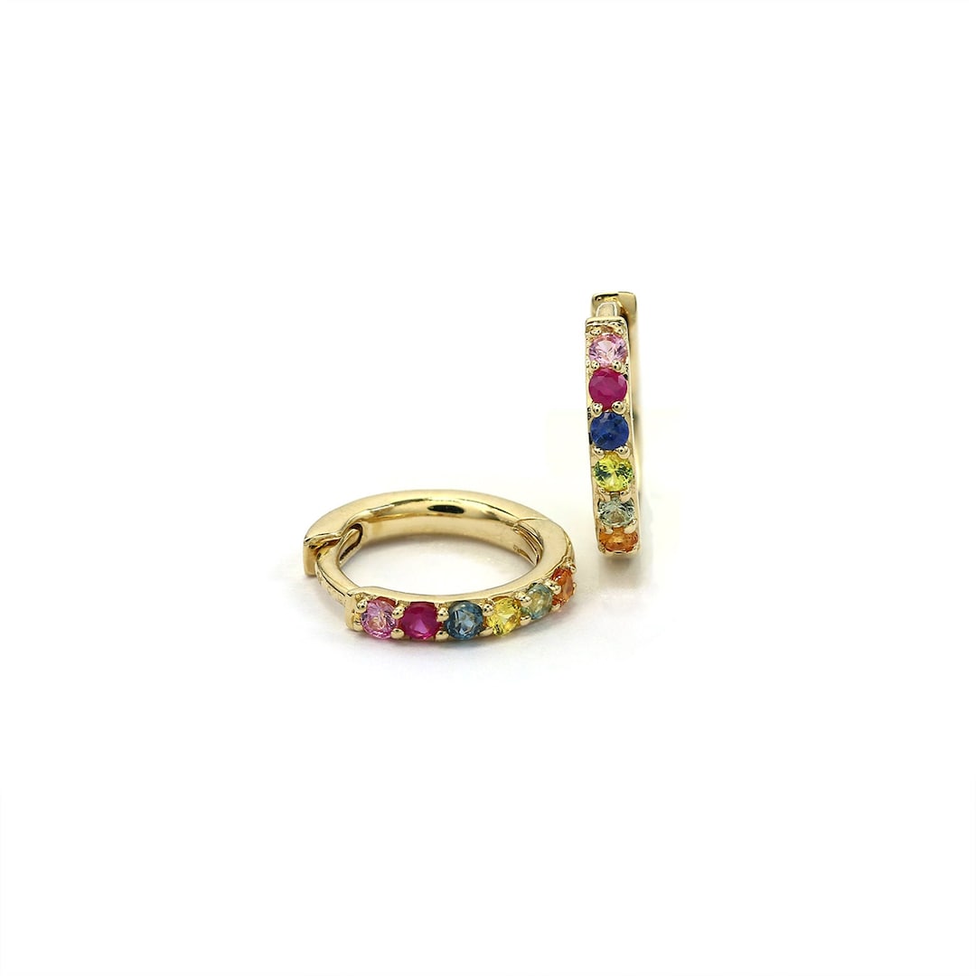 Gemstone Huggie Earrings, Small Rainbow Hoops, Solid 14k/18k Gold, Tiny ...
