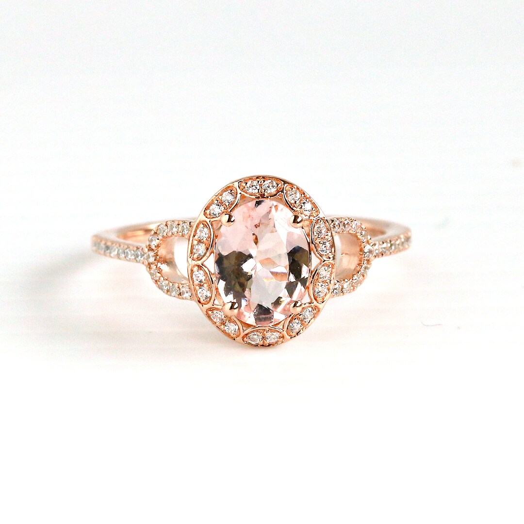 Morganite Engagement Ring, 8x6 Mm Oval Morganite, Halo Pink Gemstone ...