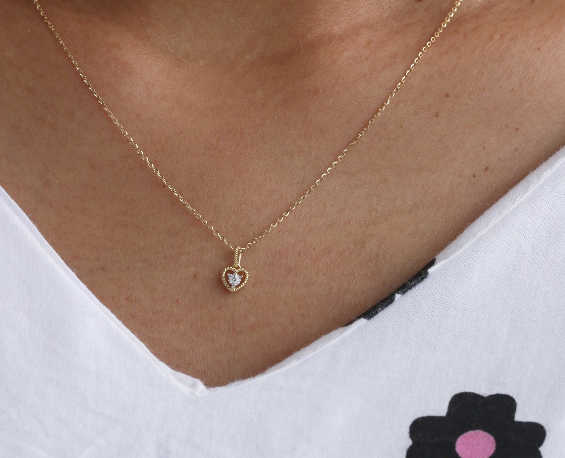 Diamond Heart Necklace Dainty Gold Necklace Real 14k/18k | Etsy
