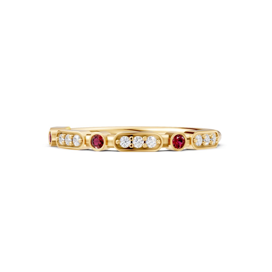 Bezel Set Ruby Diamond Band, Real Ruby Stackable Ring, Natural Ruby Half Eternity, Bridal ...