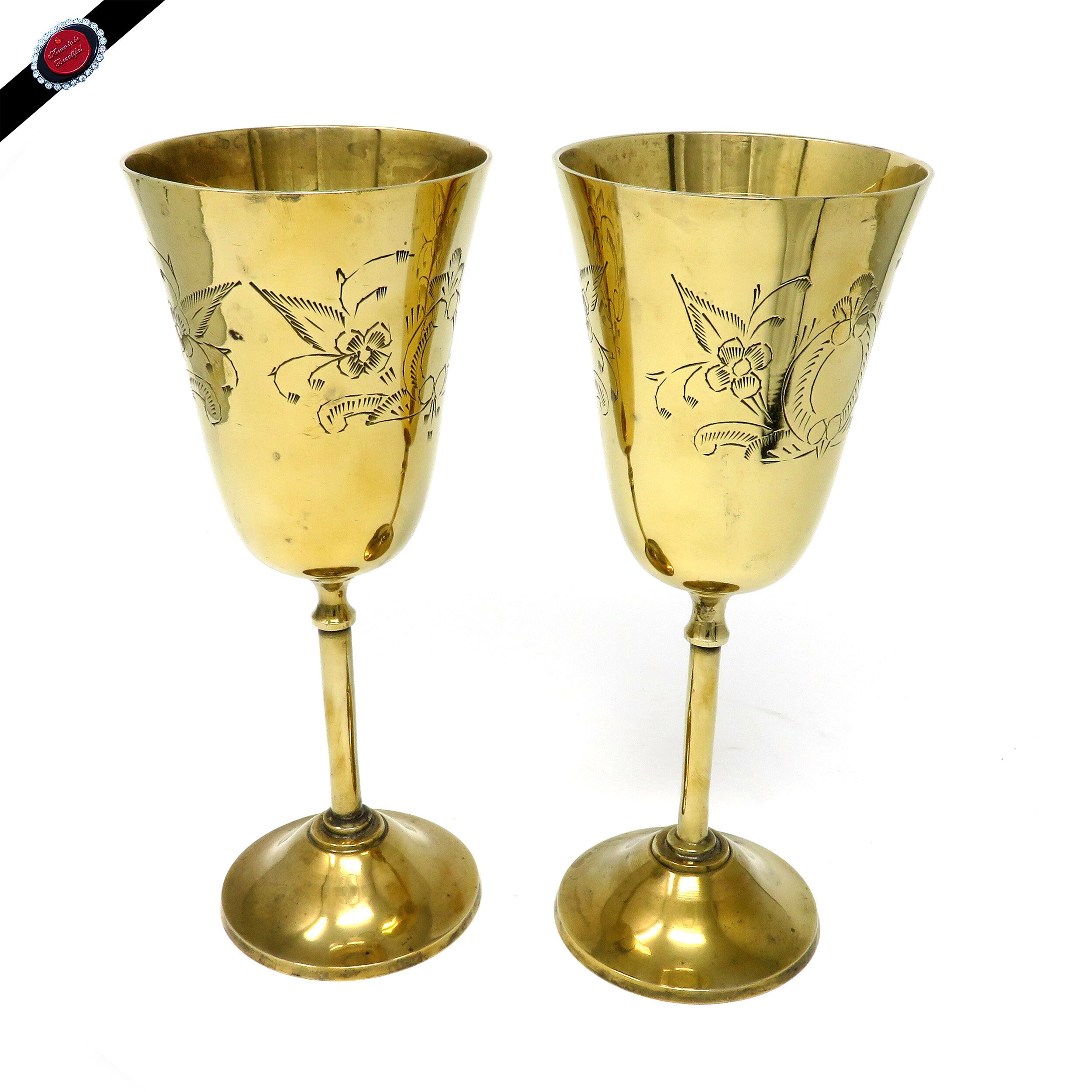Vintage Engraved Brass Goblets Pair Handmade - Etsy