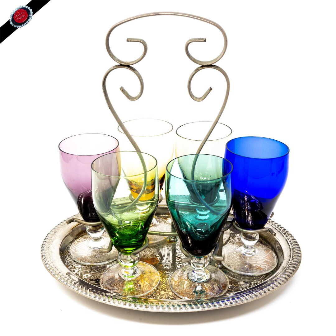 Vintage Coloured Glass Goblets With Silver Plated Tray - Set of 6 ...