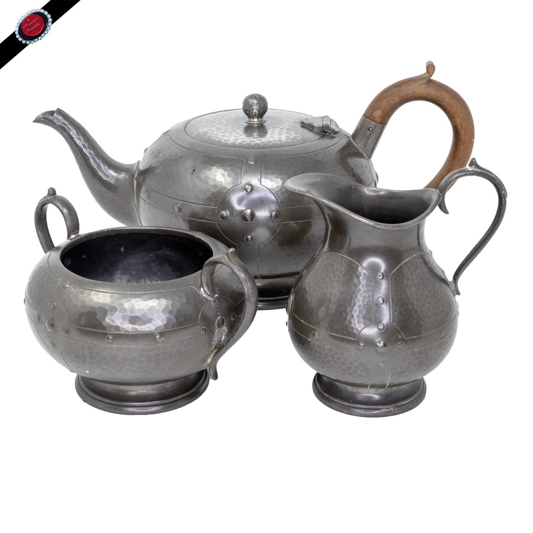 Vintage Pewter Tea Set 3 Pieces Arts and Crafts Style Wooden Handle ...