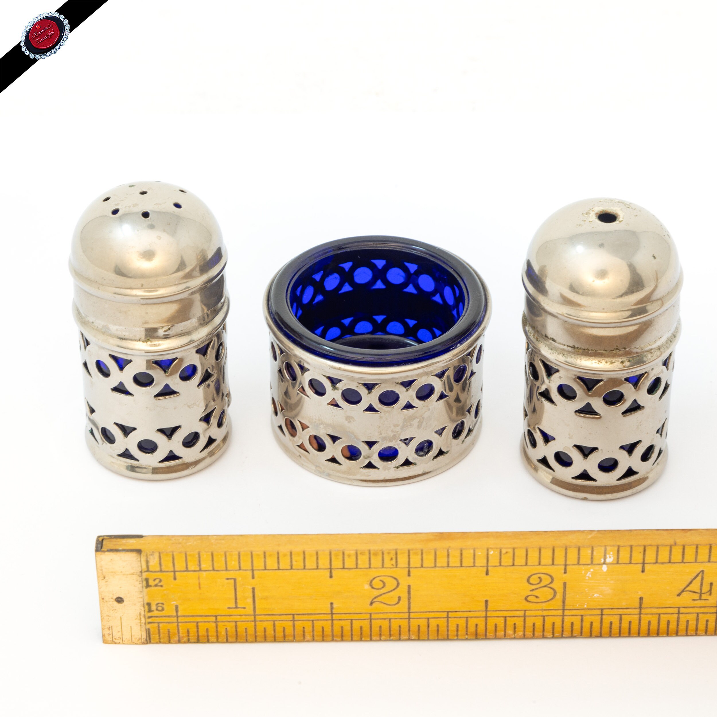 Vintage Condiment Set Salt, Pepper and Mustard Silver Plate and Cobalt ...