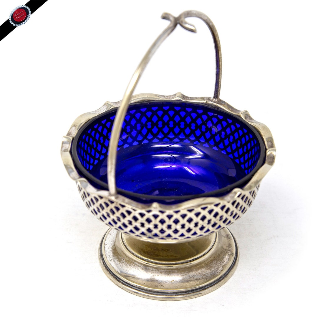 Antique Silver Plated Filigree Basket With Cobalt Blue Glass Liner ...