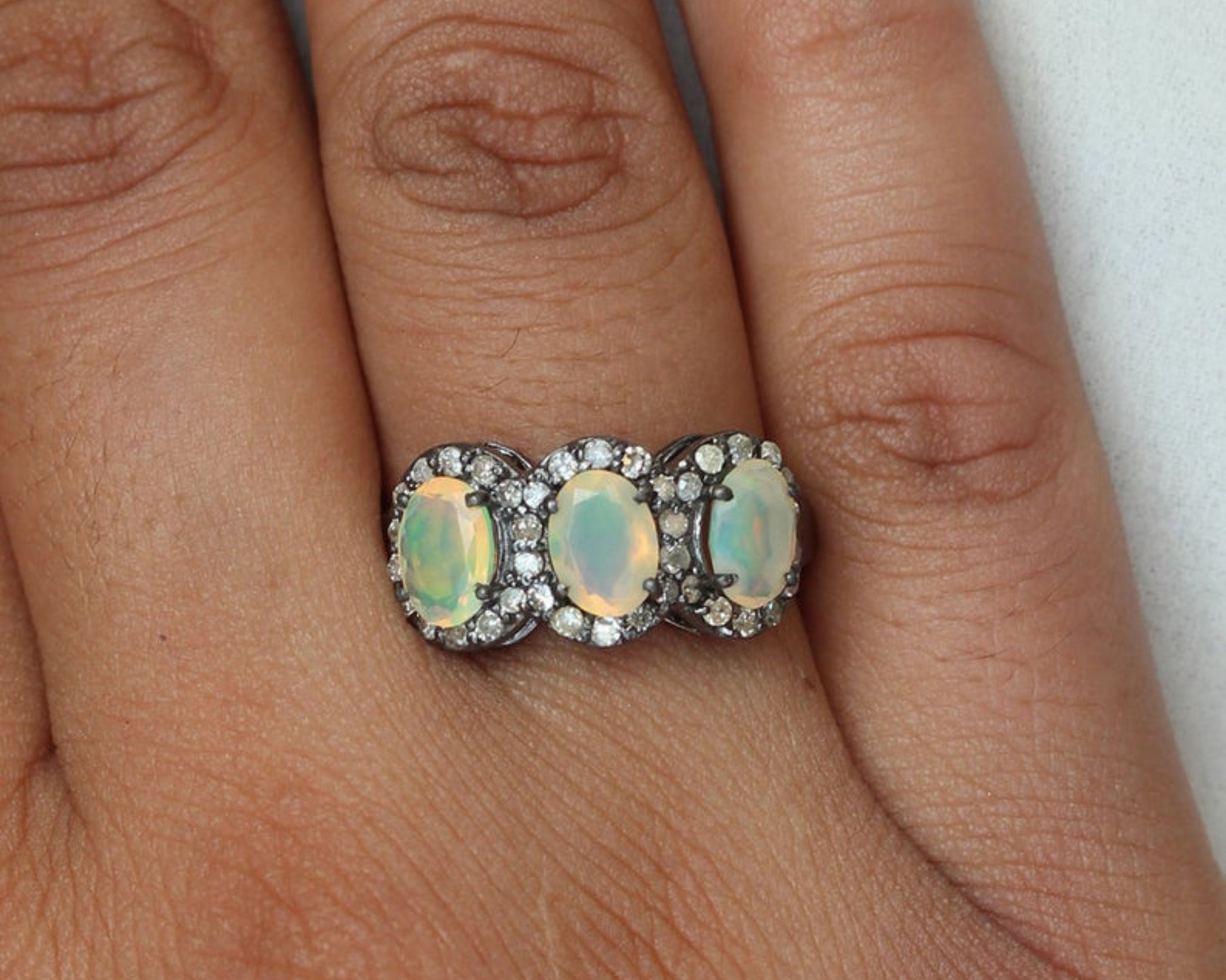 Fire Opal Diamond Engagement Ring Sterling Silver White Opal - Etsy