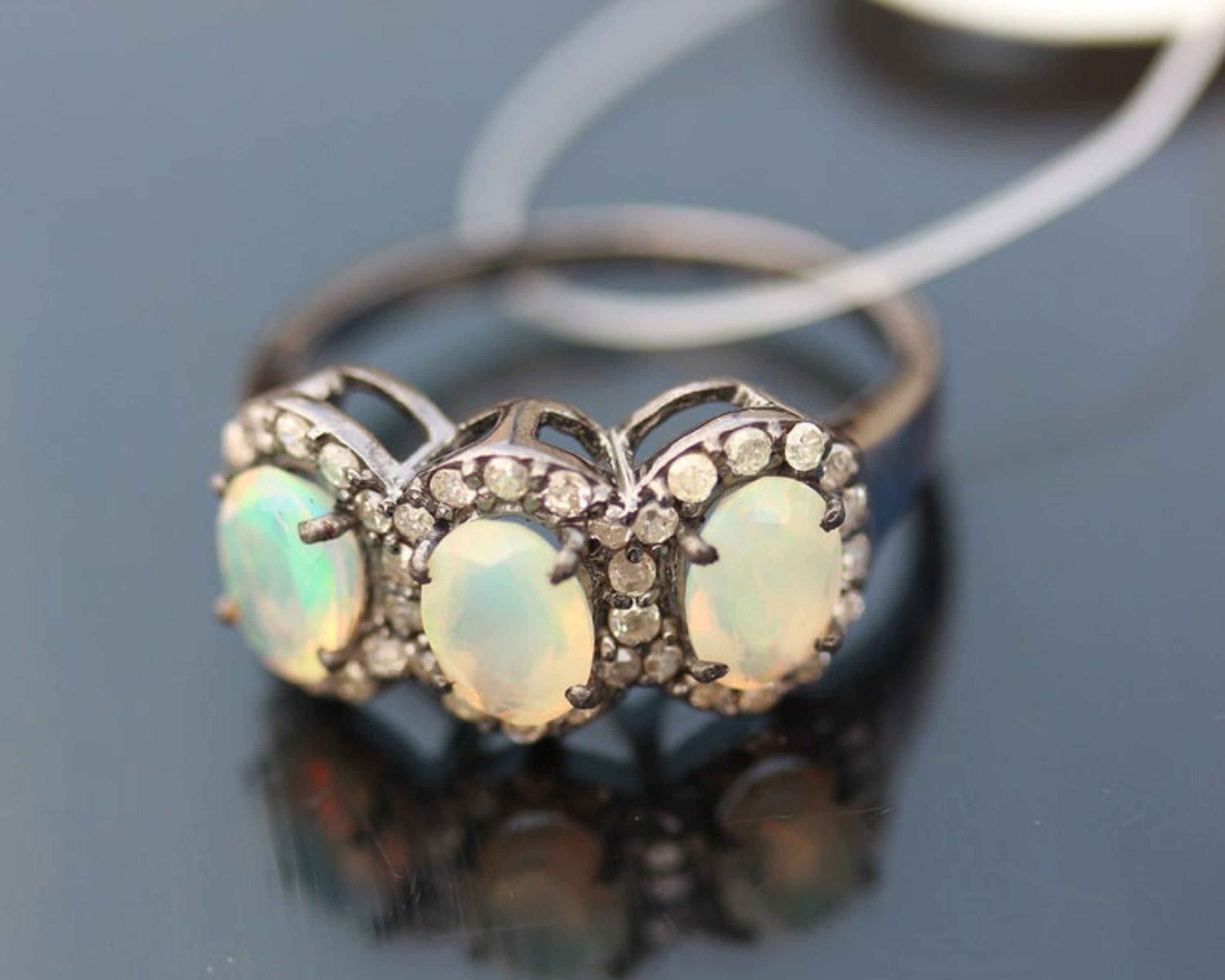 Fire Opal Diamond Engagement Ring Sterling Silver White Opal - Etsy