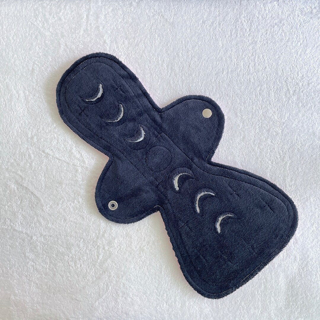 Wide Gusher Cloth Pad - Black Moon Phases | Organic Bamboo Velour | 12 ...