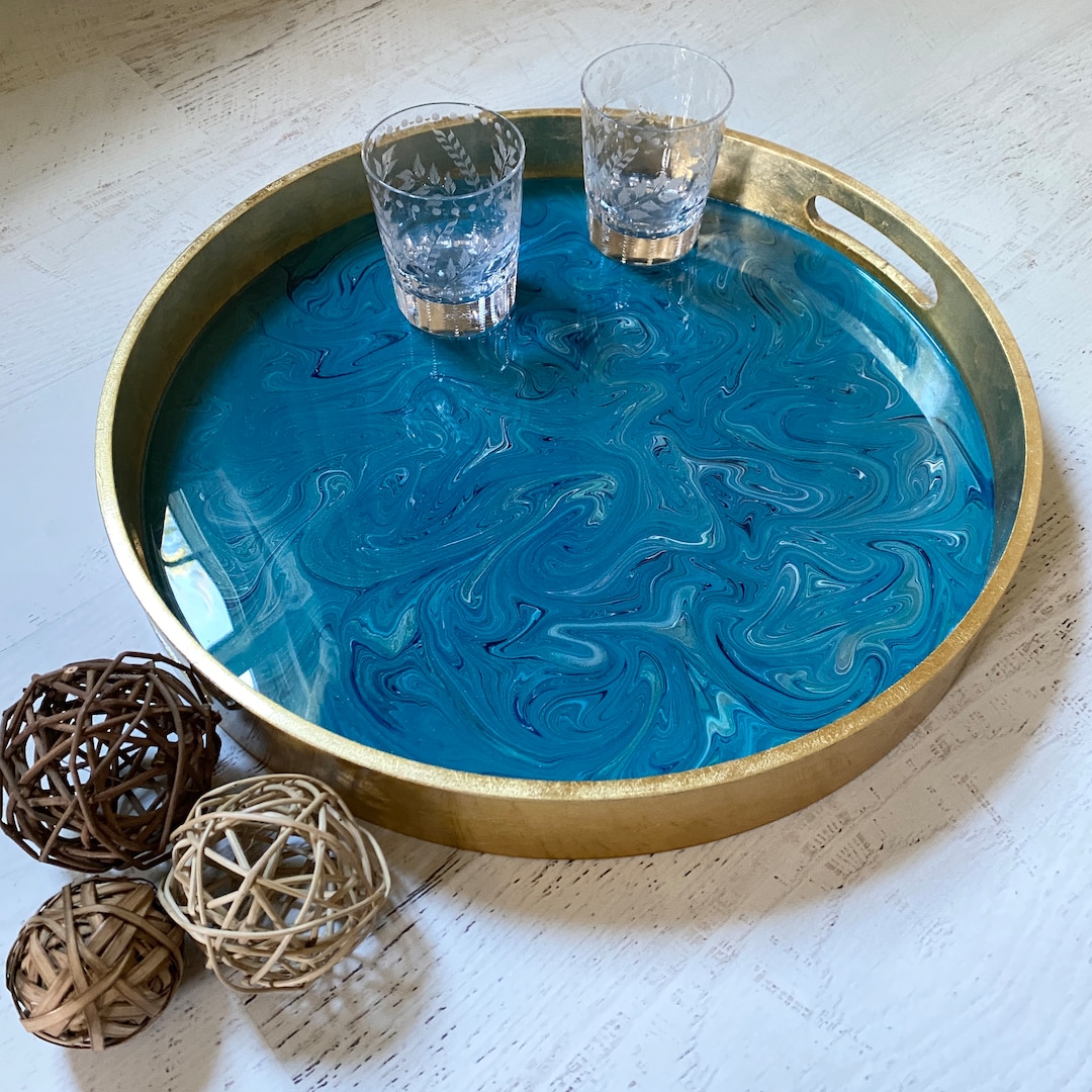 18 Round Gold Leaf Serving Tray With Handles Ottoman Tray Oversized ...