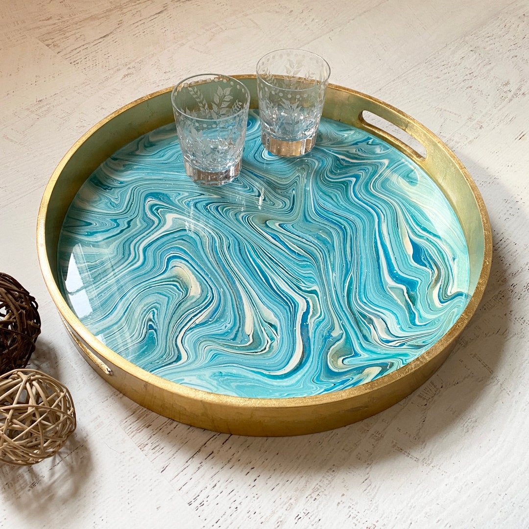 18" Round Gold Leaf Serving Tray With Handles - Ottoman Tray ...