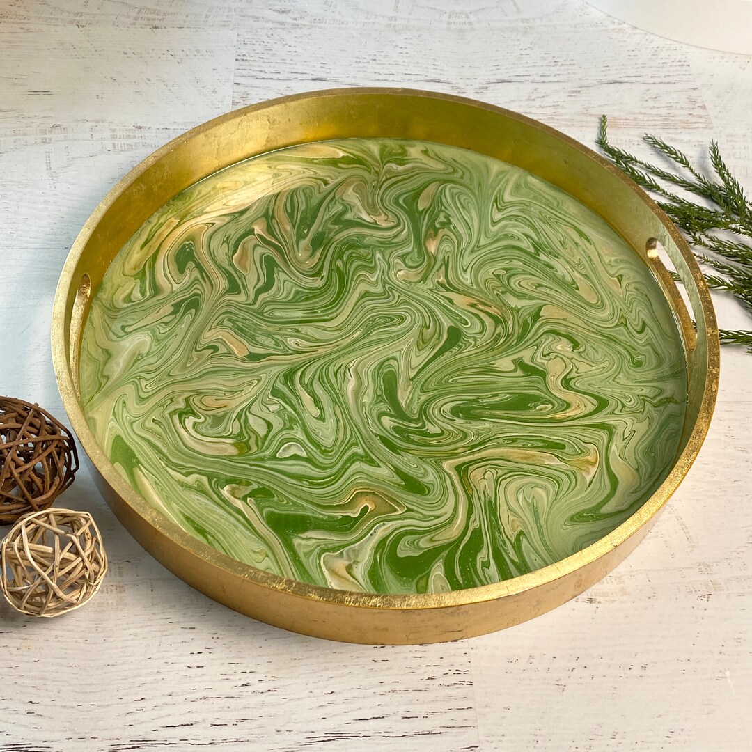 18" Round Gold Leaf Serving Tray With Handles - Ottoman Tray ...