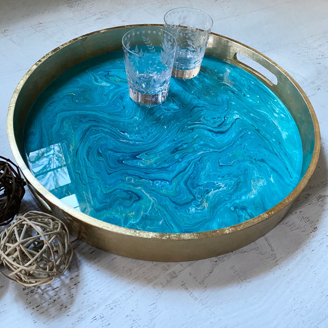 18" Round Gold Leaf Serving Tray With Handles - Ottoman Tray ...