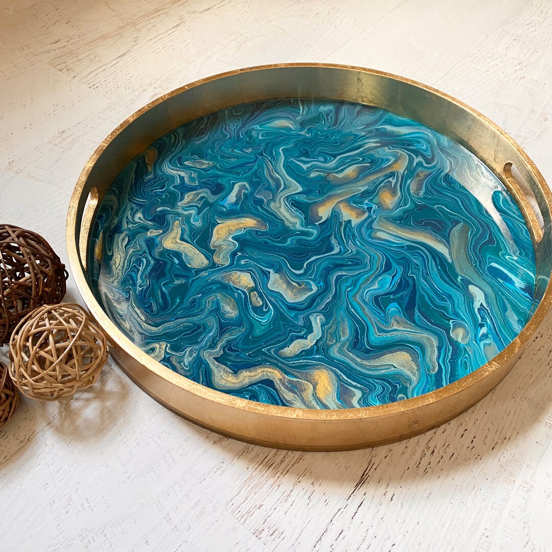 18" Round Gold Leaf Serving Tray With Handles - Ottoman Tray ...