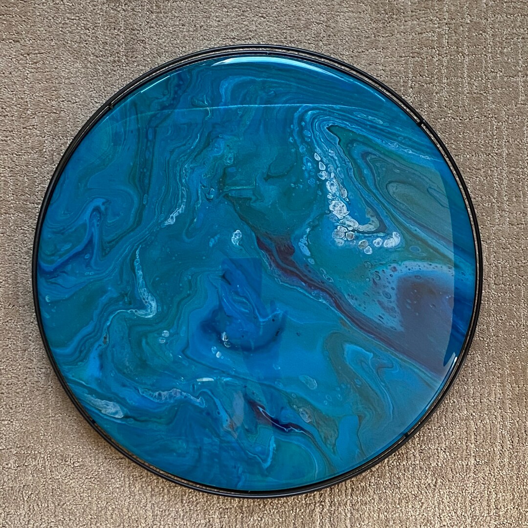 18" Lazy Susan With Rail - Rich Shades of Blue & Teal With Silver 1307 ...