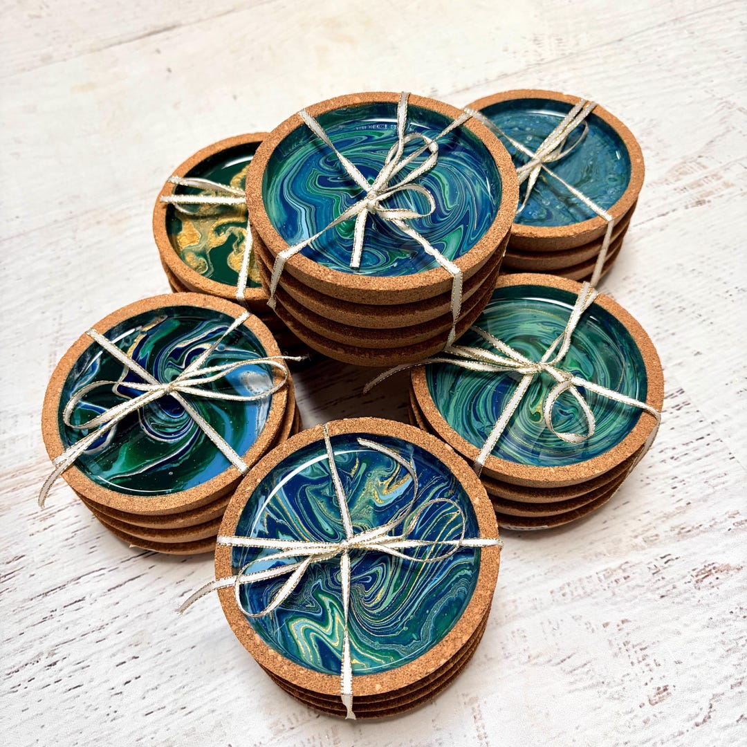 Colorful Cork Drink Coasters - Teal/blue/green - Set of 4 - Etsy