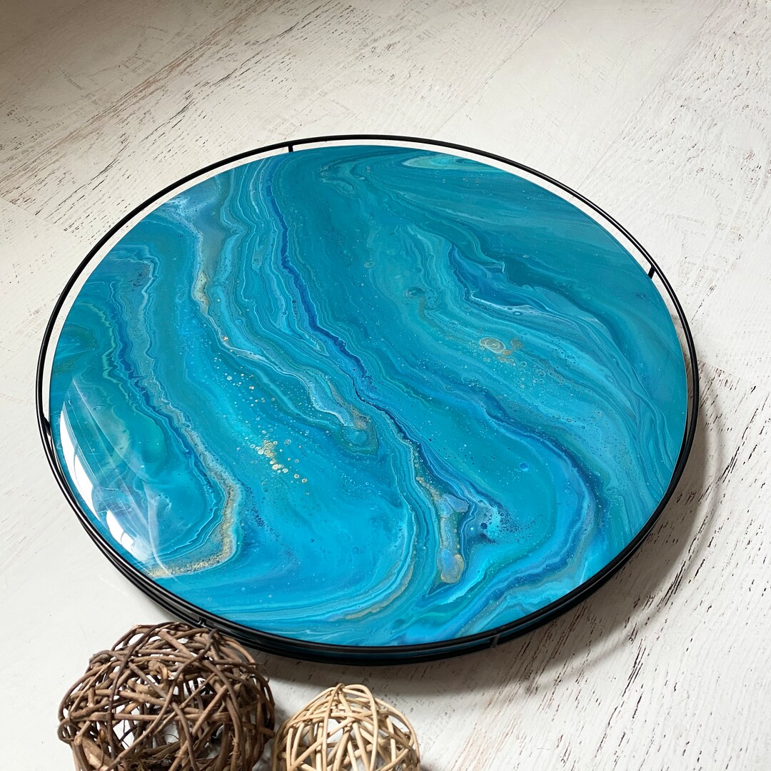 18 Lazy Susan With Rail Soft Shades of Blue & Teal With Gold 1504 - Etsy