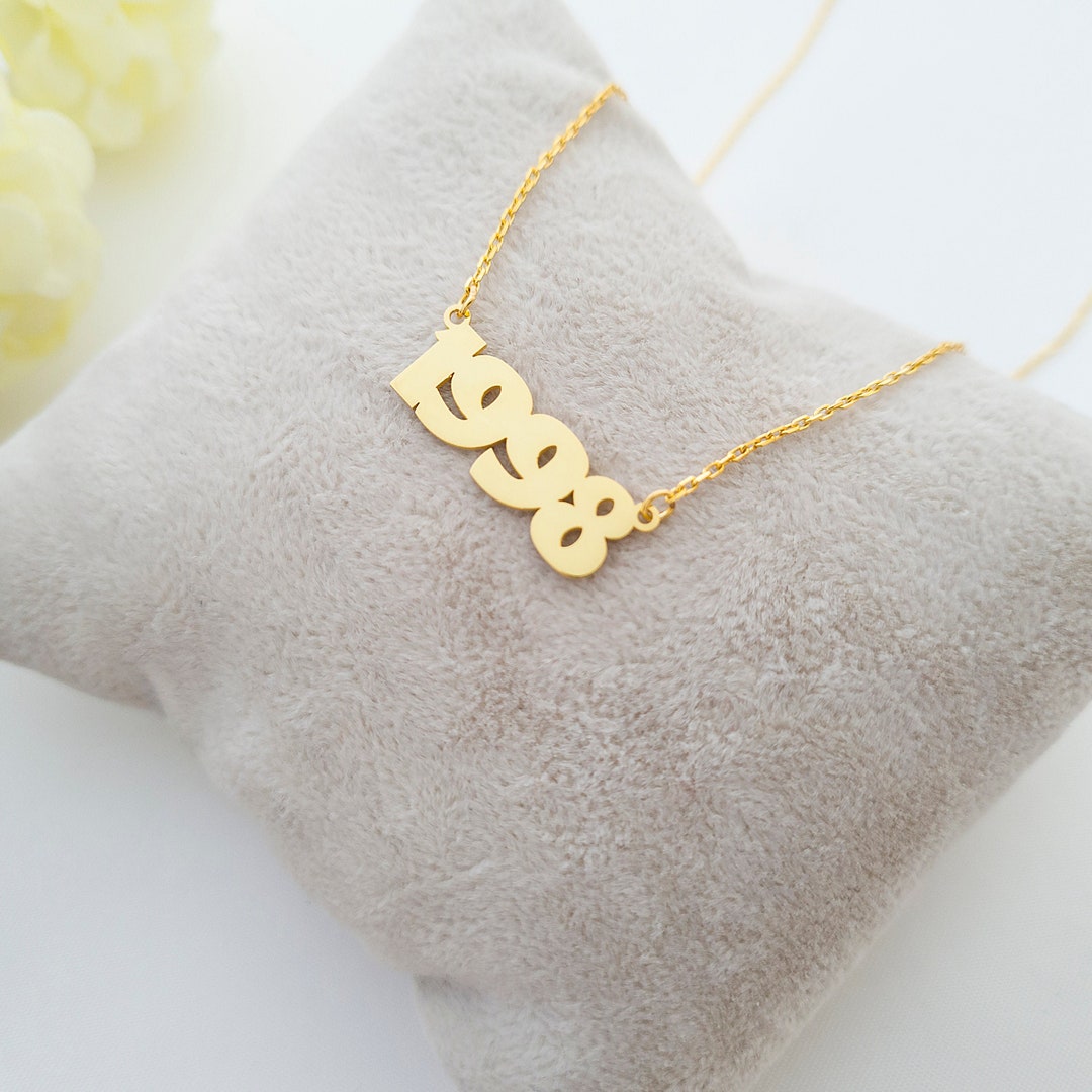 Birth Year Necklace, 14k Gold, Number Necklace, Date Necklace ...