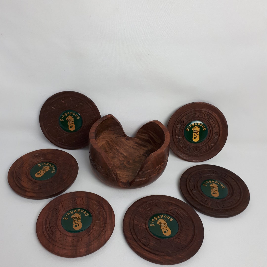 Wooden Coasters Set of Six With Holder - Etsy