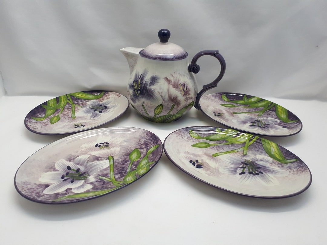 Five Pieces BOMBAY Company Tea Coffee Pot & Plates Set Purple Floral ...