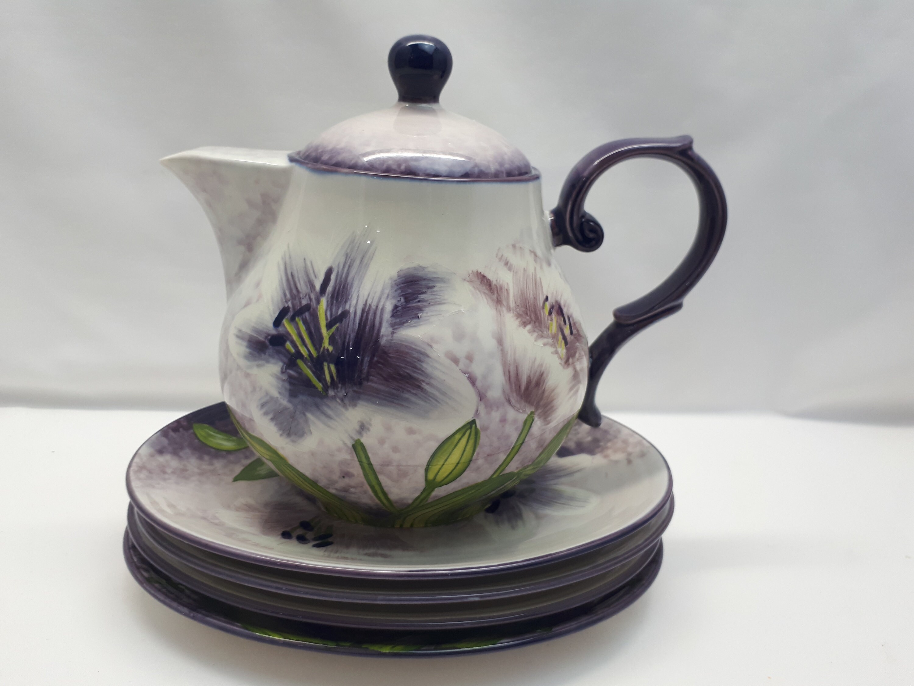 Five Pieces BOMBAY Company Tea Coffee Pot & Plates Set Purple Floral ...