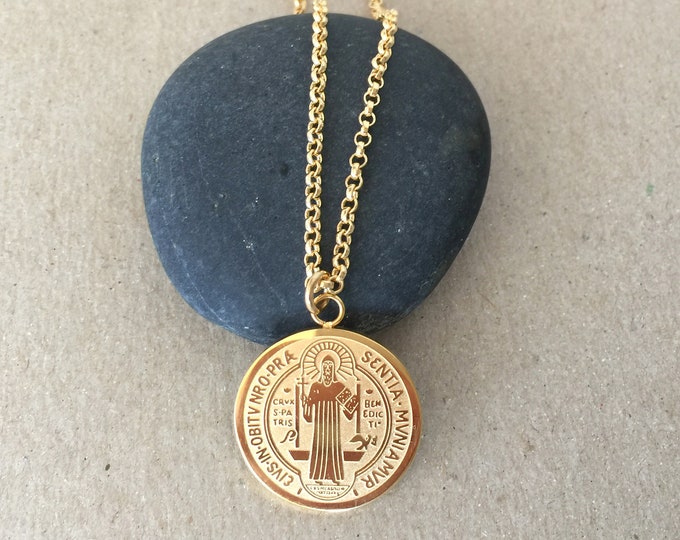 St. Benedict Coin Necklace, 14k Gold Filled Rolo Chain, Engraved Saint ...