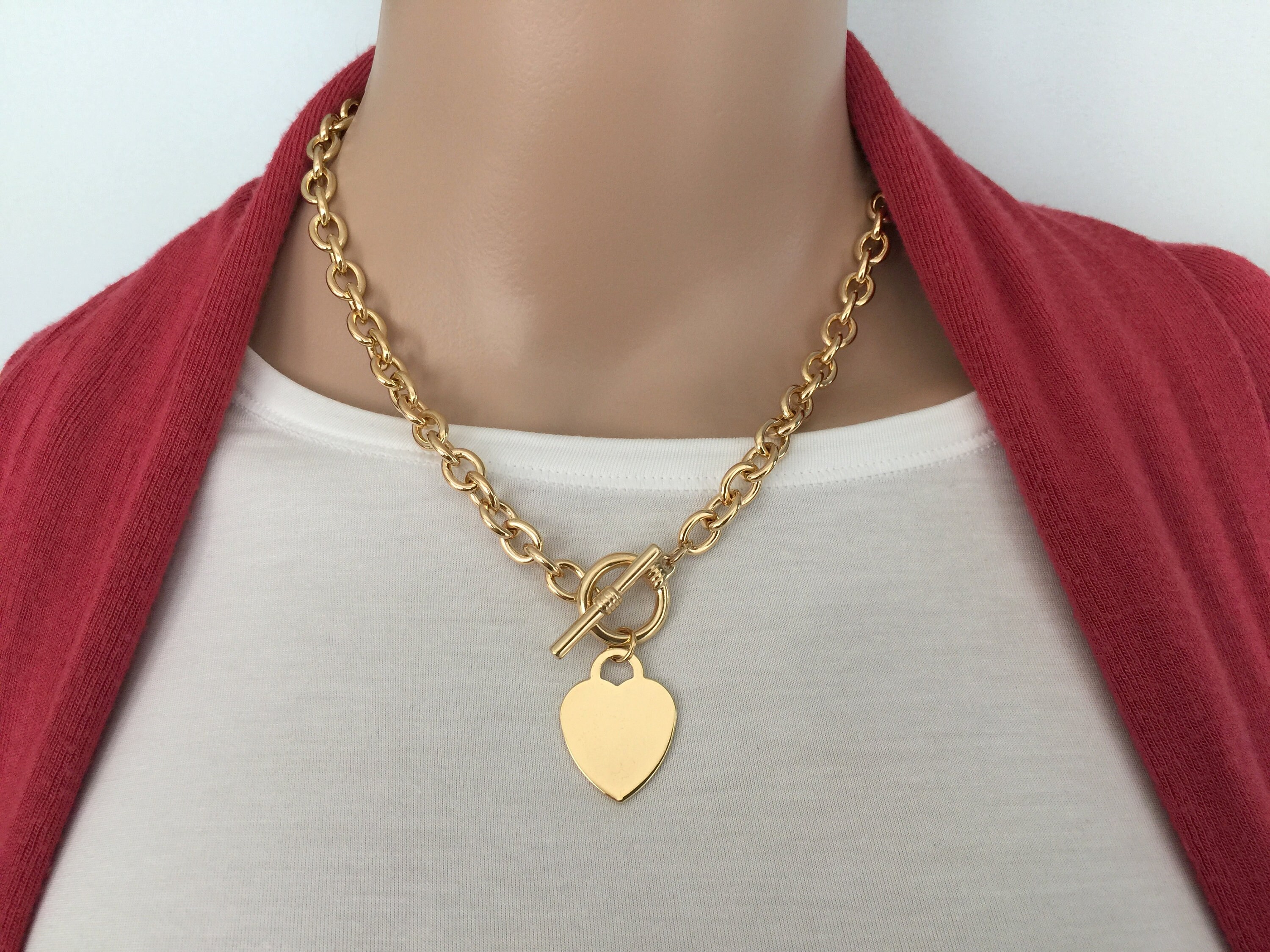 Designer Link Necklace Heart Charm Dangle Chunky Oval Cable | Etsy