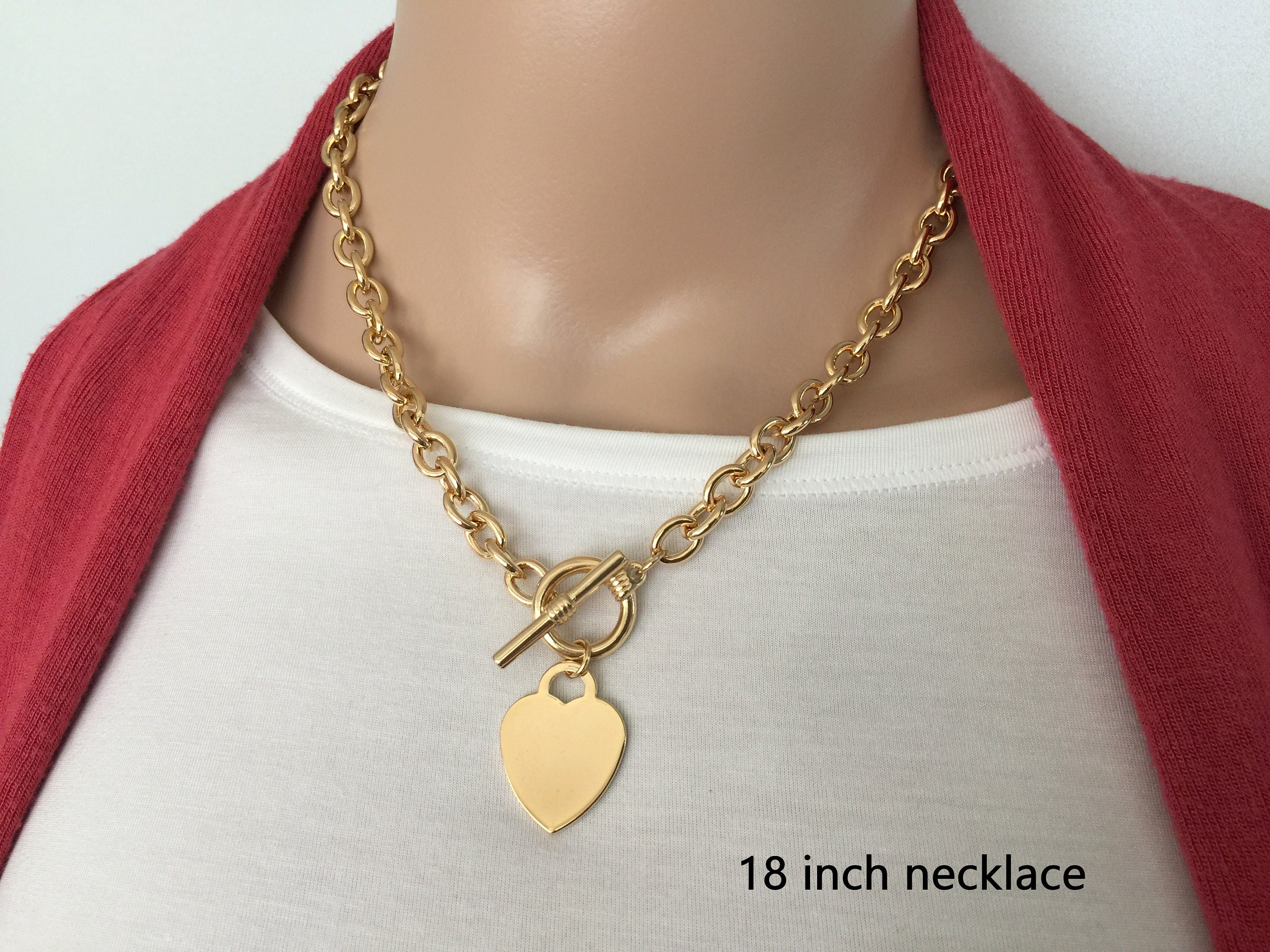 Designer Link Necklace Heart Charm Dangle Chunky Oval Cable | Etsy