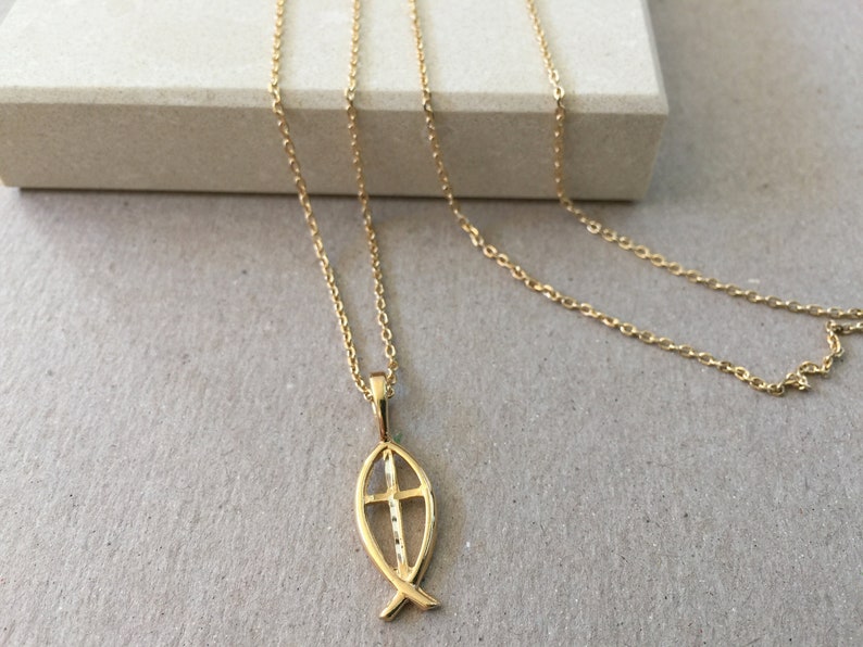 Ichthus Fish Cross Necklace Gold Cross Pendant on Fine Cable - Etsy Ichthus Fish Cross Necklace Gold Cross Pendant on Fine Cable - Etsy