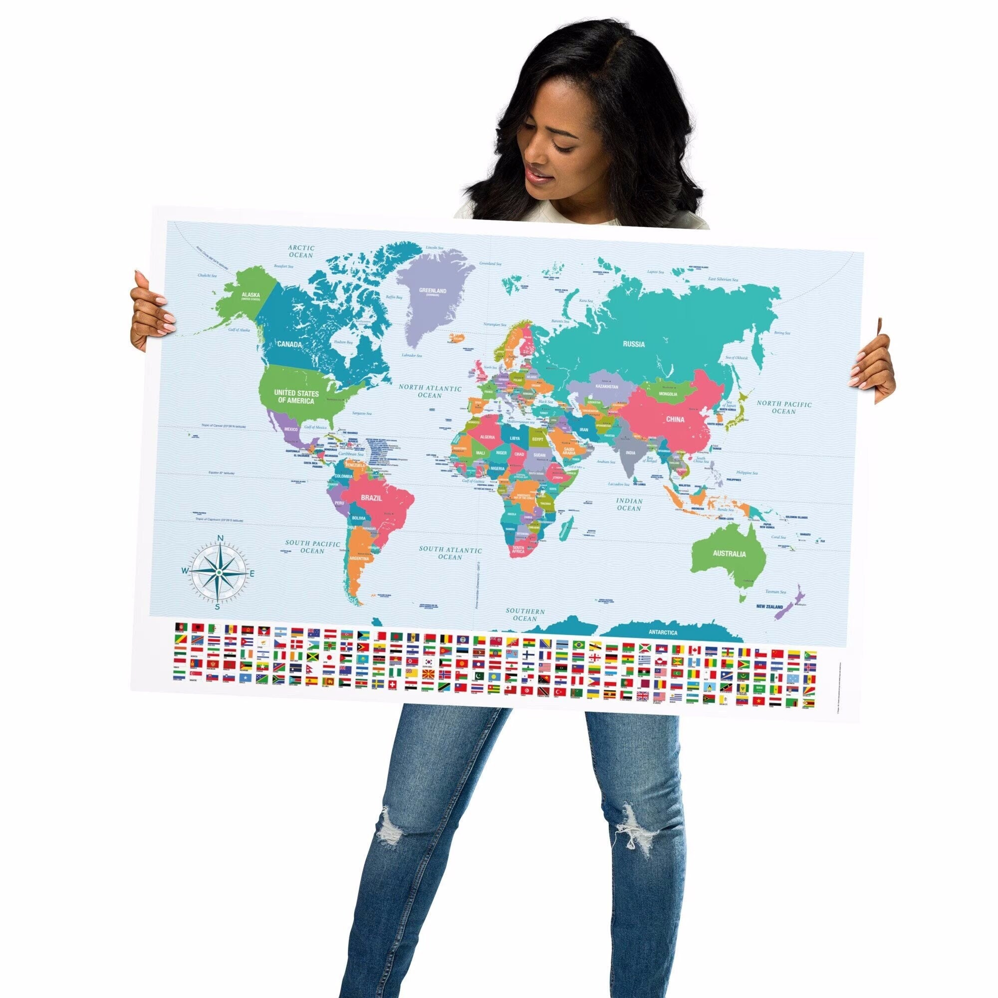 Large World Wall Map Poster With Countries, Capitals, Flags Map of the ...