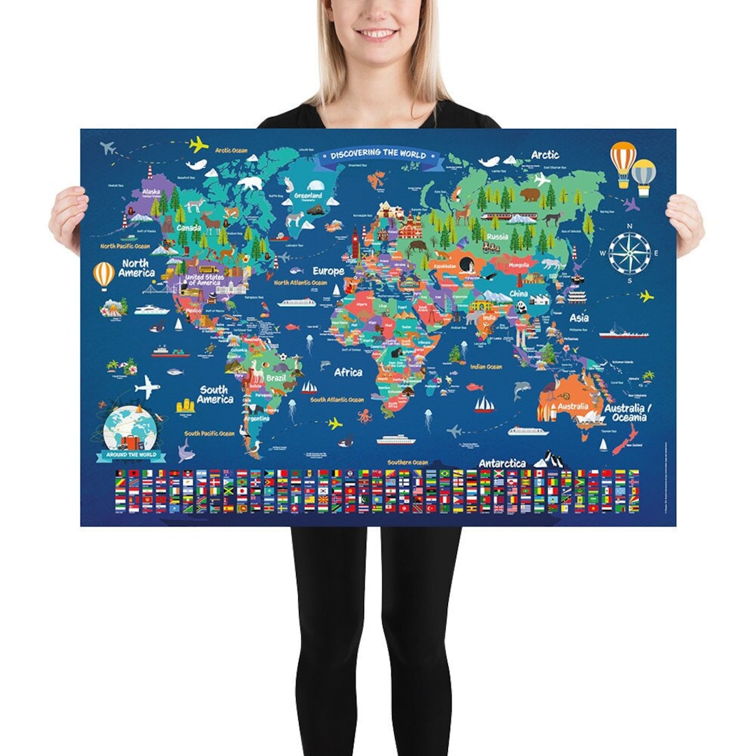 World Map Poster for Kids Large Educational World Map Illustrated Wall ...