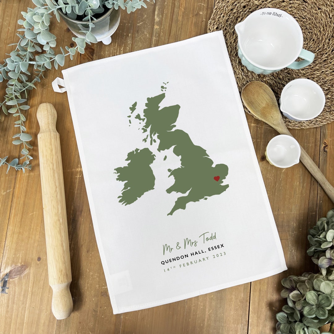 Tea Towel - Map Personalised Print - 2nd Cotton Anniversary Gift ...
