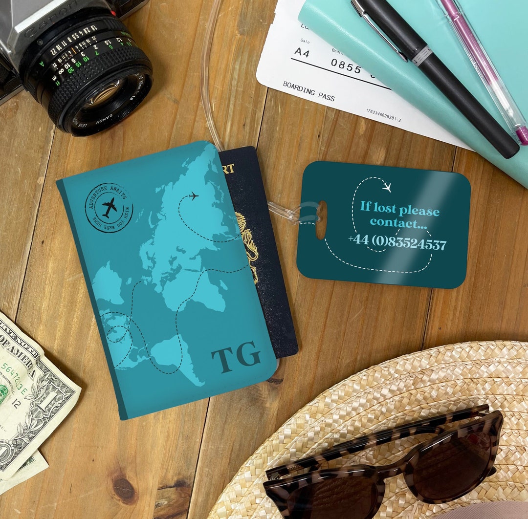 Personalised Passport Holder and Luggage Tags With World Map | Monogram ...
