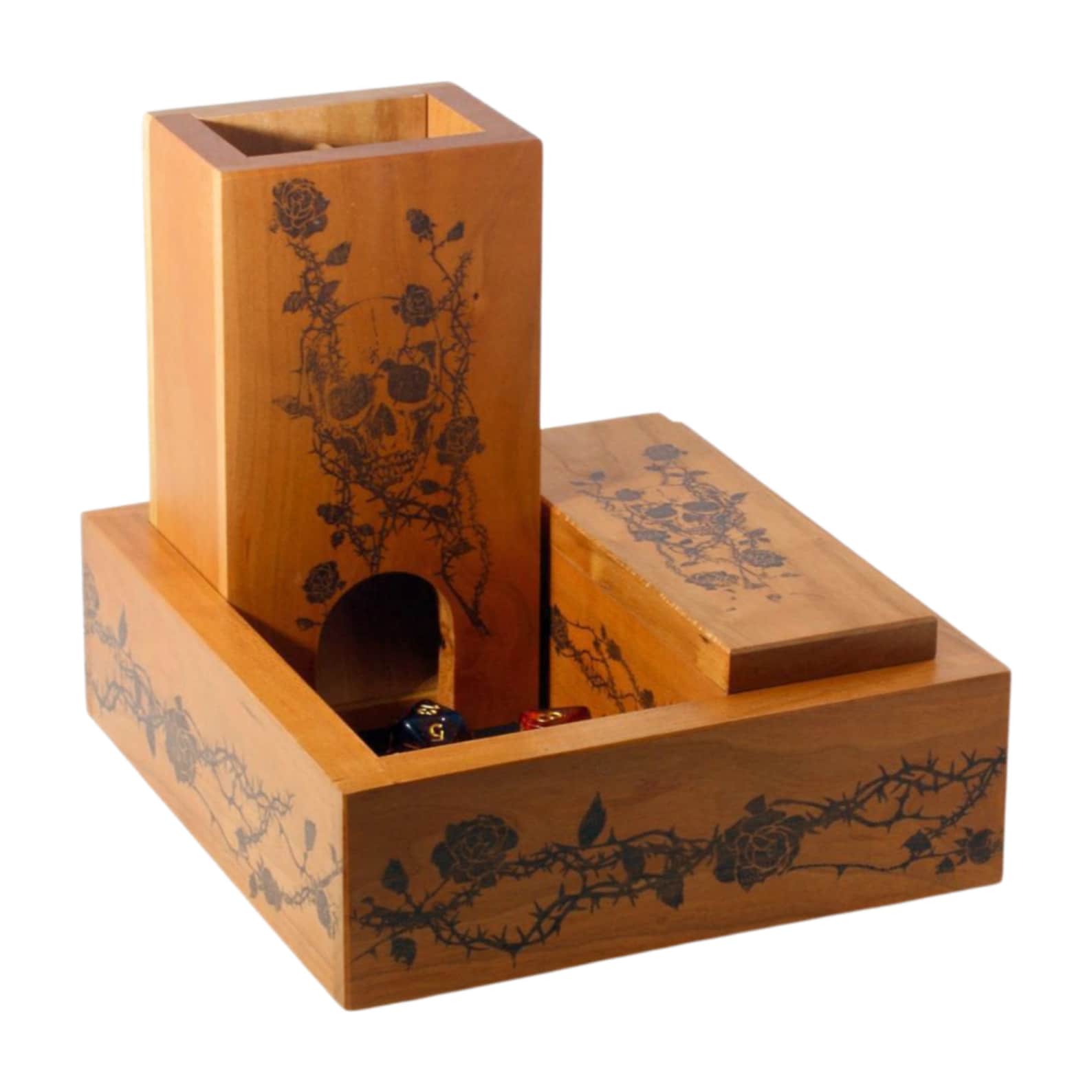Gothic Skull and Roses 3-piece Dnd Gaming Setup: Wooden Dice Tower and ...