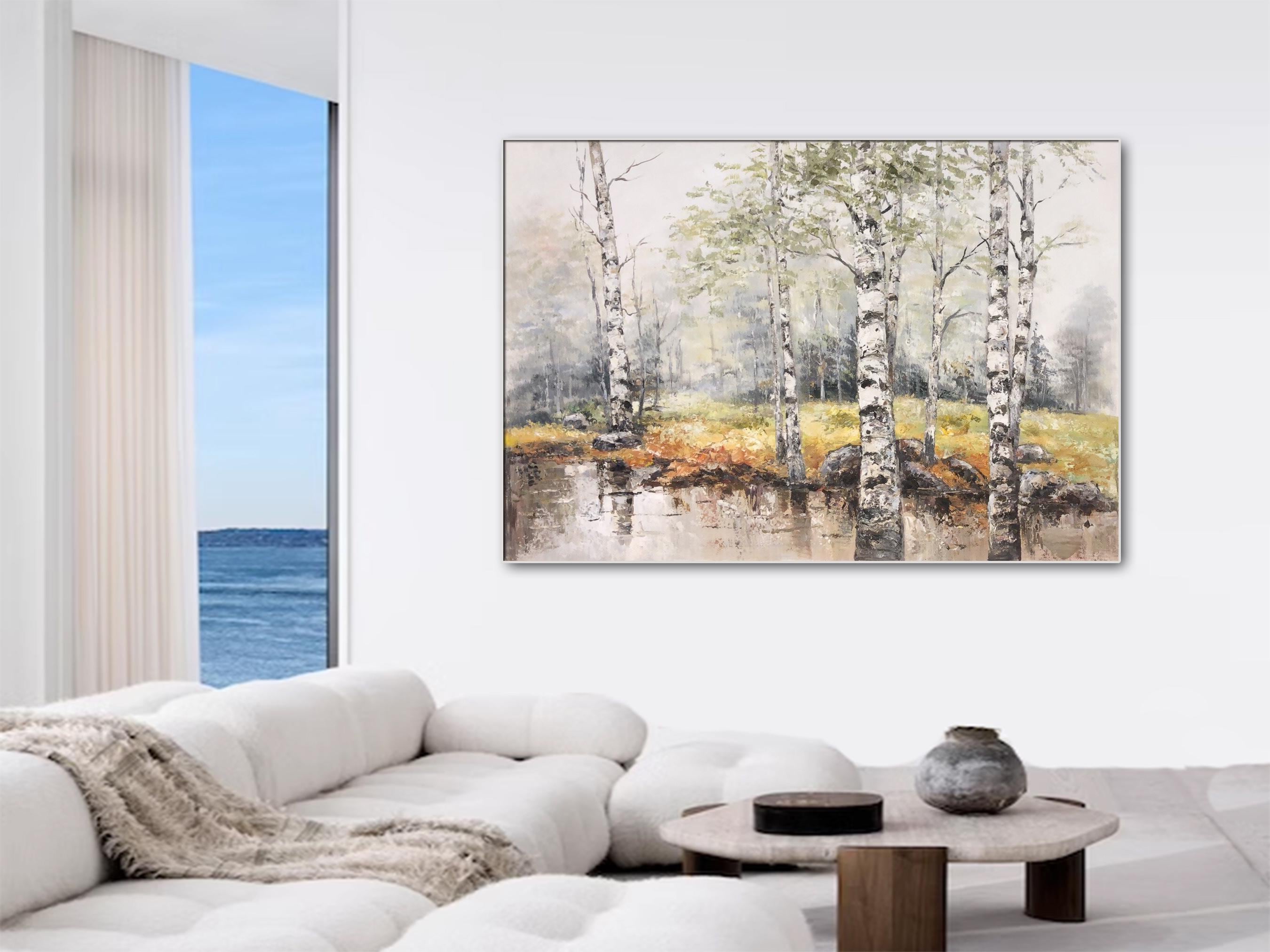 Large Textured Birch Tree Landscape Painting on Canvas Textured Modern ...