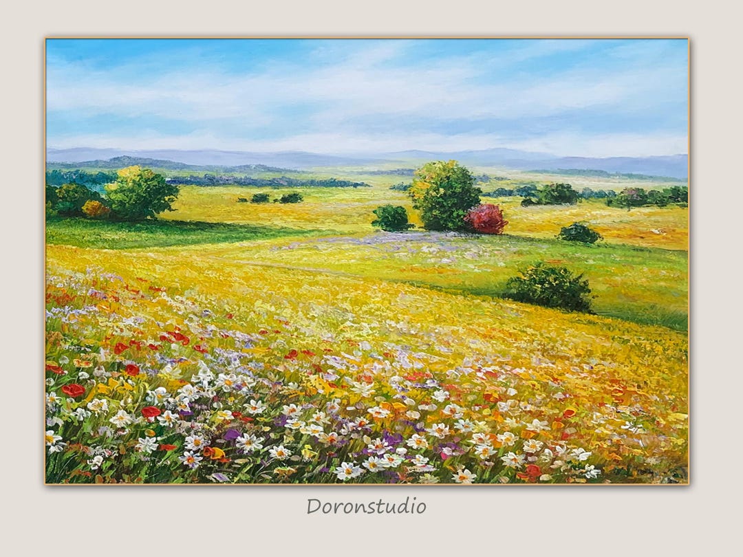 Wildflower Field Painting Rural Landscape Painting on Canvas Textured ...