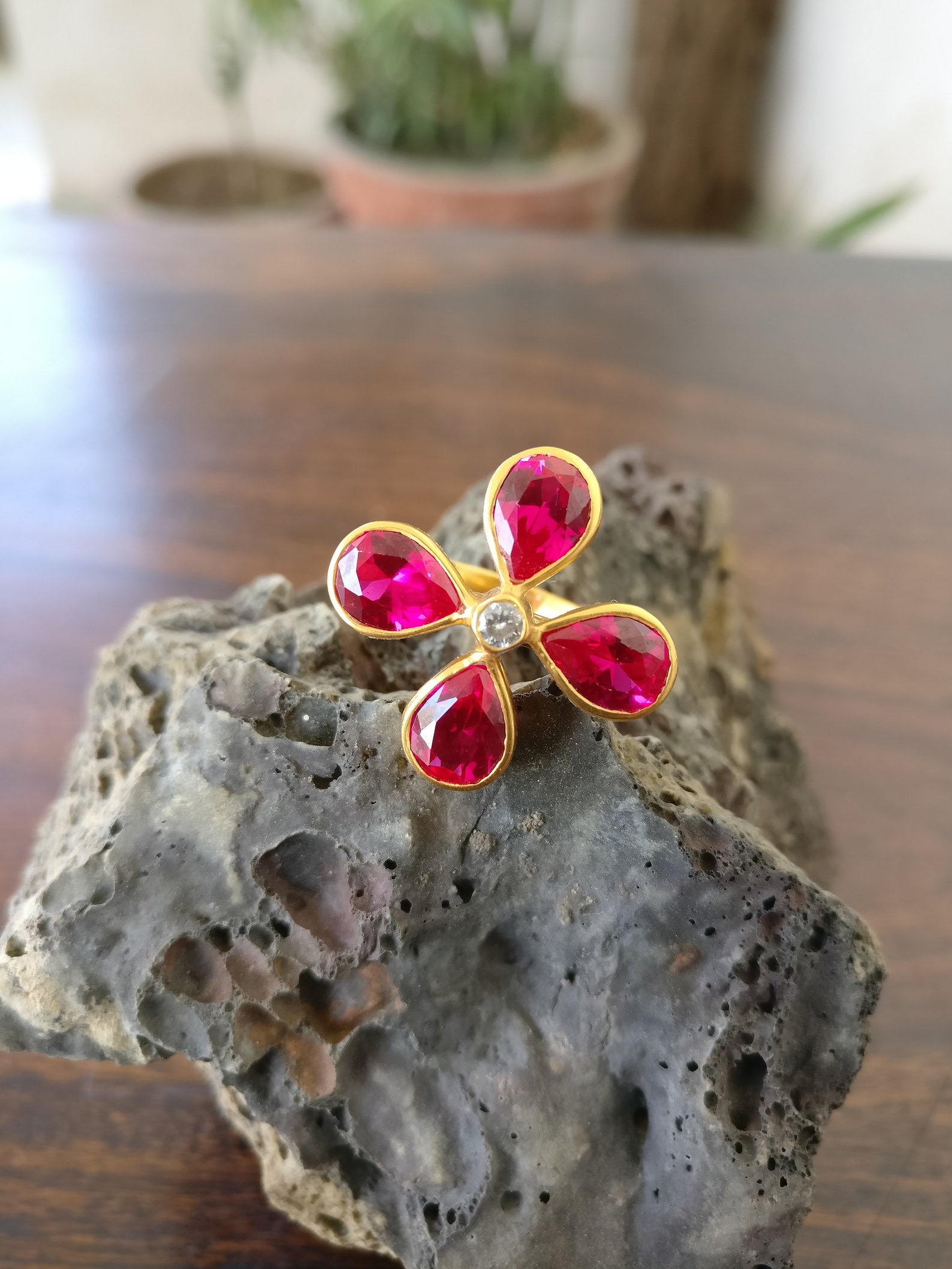 Ruby Flower Ring Matte Look Gold Filled Silver 925 - Etsy
