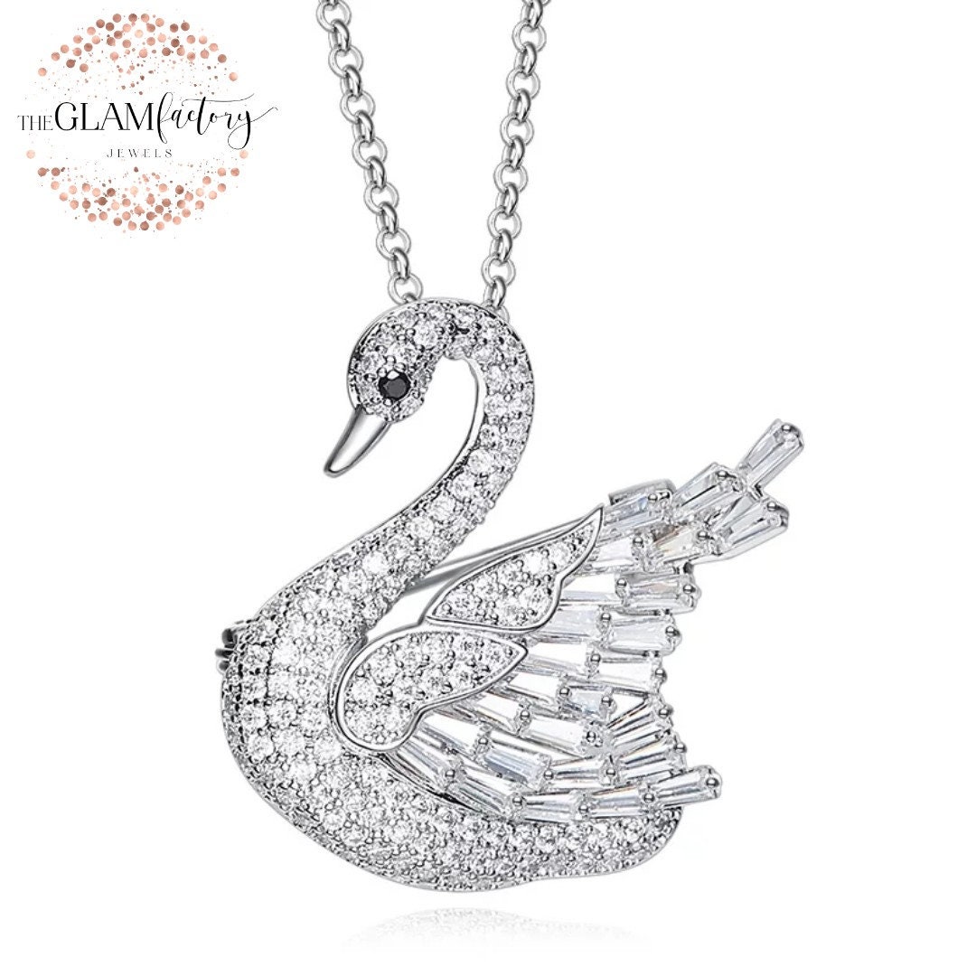 Swan Pendant Necklace / Brooch, AAA Cubic Zirconia, Long Chain, White ...