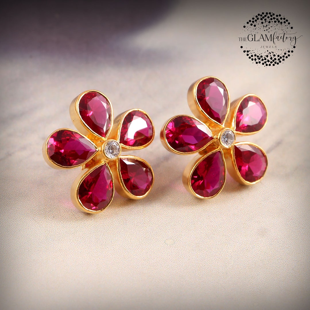 Ruby Flower Stud Earrings Pair Matte Finish Real Gold - Etsy