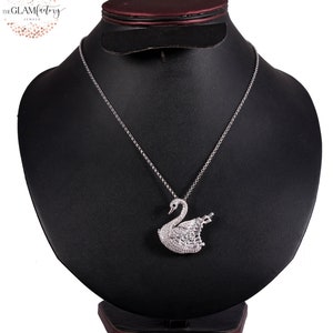 Swan Pendant Necklace / Brooch, AAA Cubic Zirconia, Long Chain, White ...
