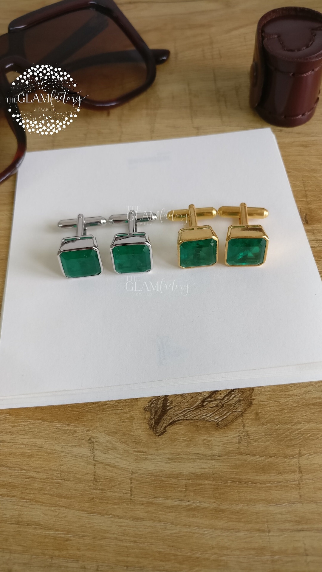 Emerald Cufflinks Pair, Silver 925, Real 18K Gold Filled / White ...