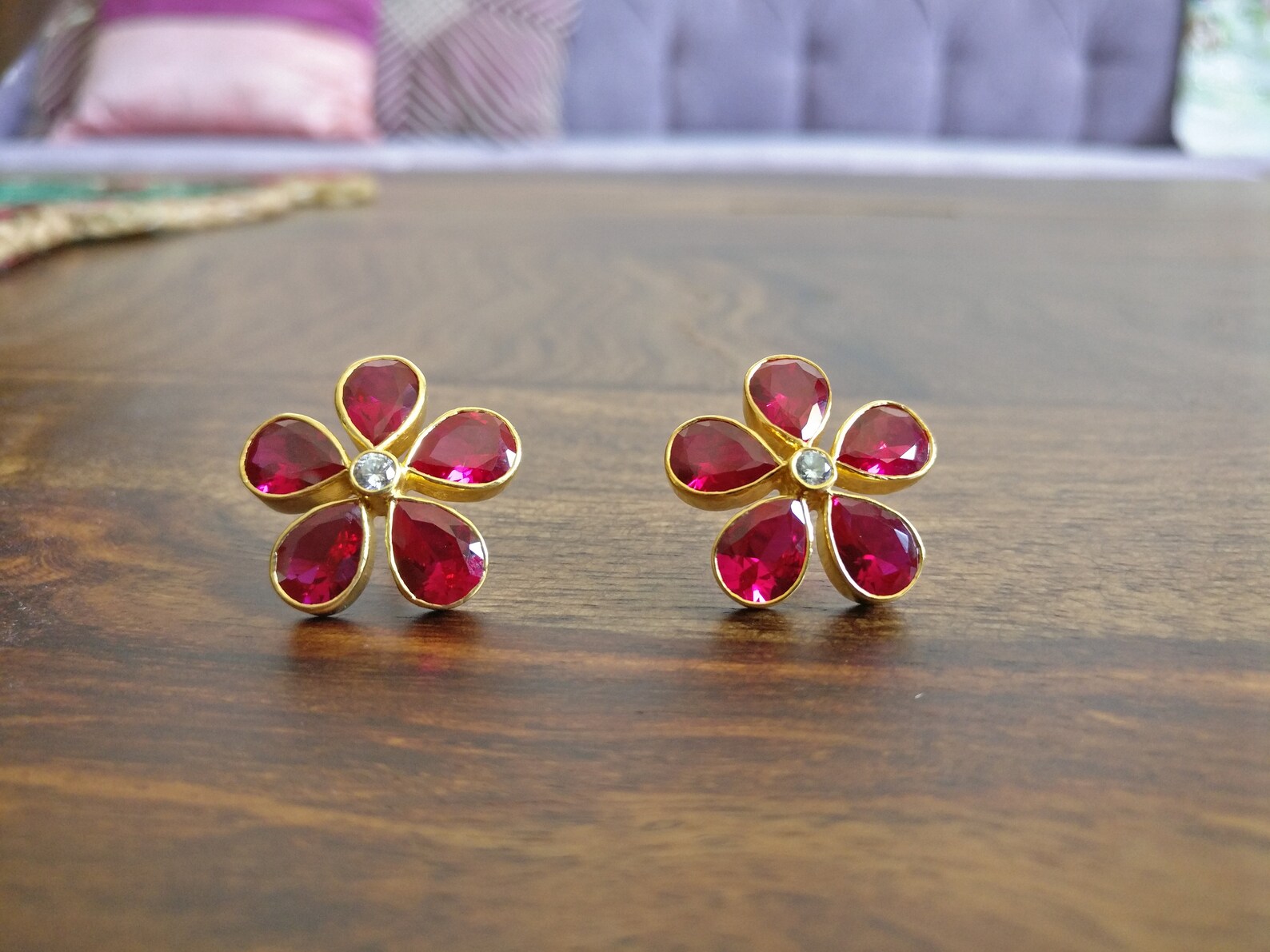 Ruby Flower Stud Earrings Pair Matte Finish Real Gold | Etsy