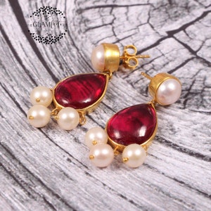 Ruby & Pearl Drop Dangling Earring, Silver 925, Gold Filled - Etsy