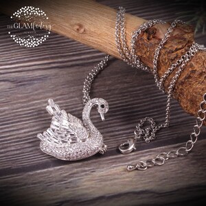 Swan Pendant Necklace / Brooch, AAA Cubic Zirconia, Long Chain, White ...