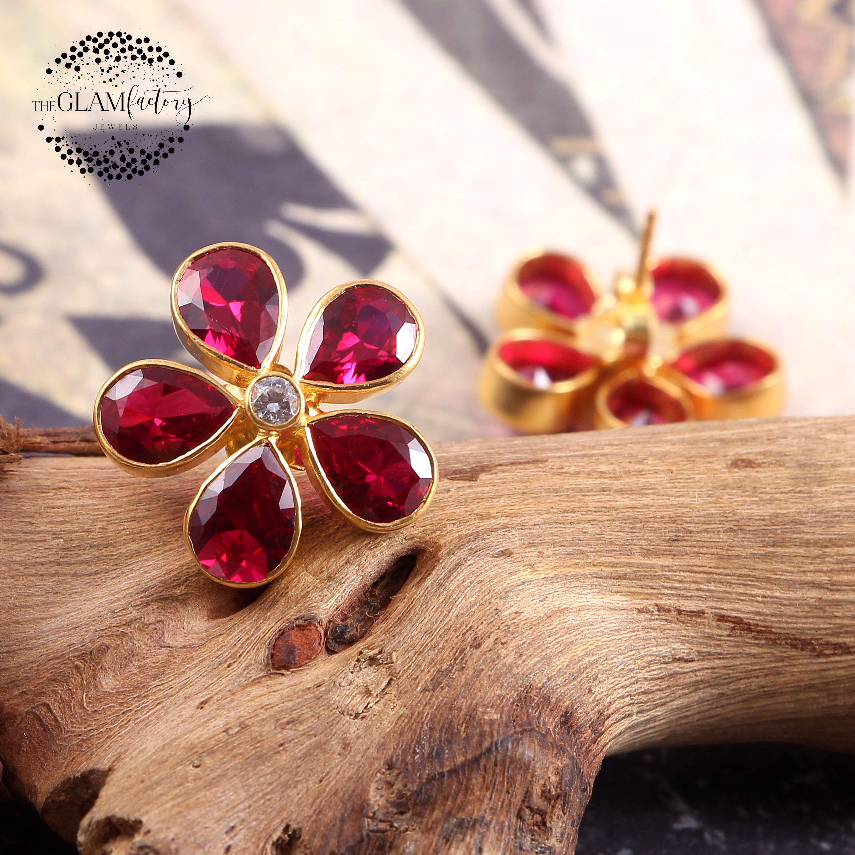 Ruby Flower Stud Earrings Pair Matte Finish Real Gold | Etsy