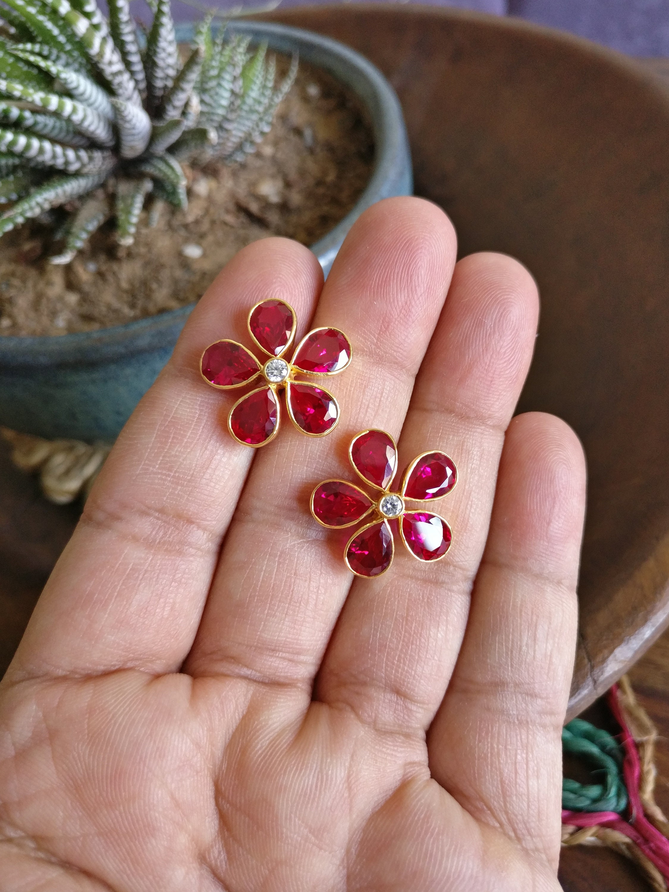 Ruby Flower Stud Earrings Pair Matte Finish Real Gold | Etsy