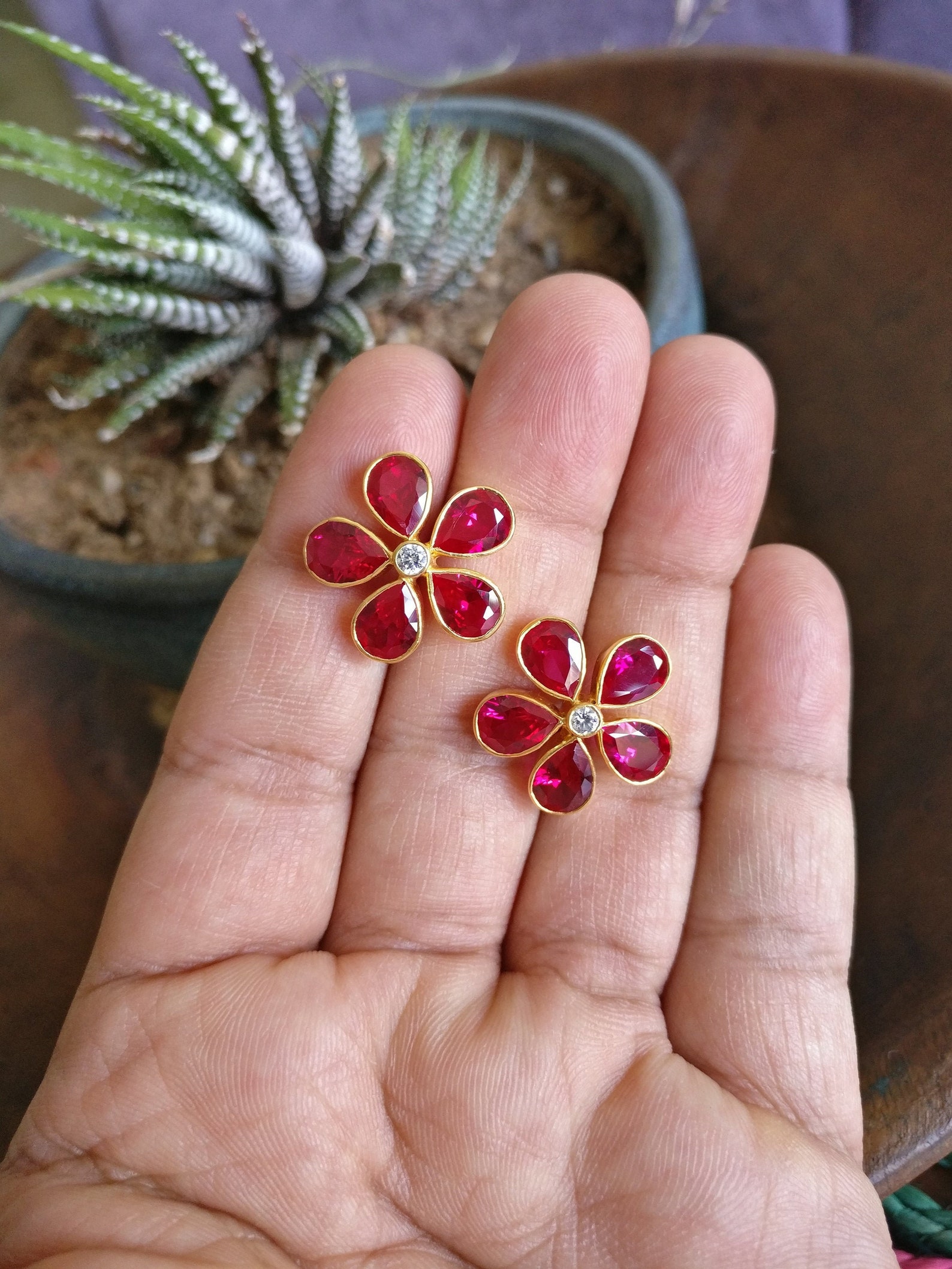 Ruby Flower Stud Earrings Pair Matte Finish Real Gold - Etsy
