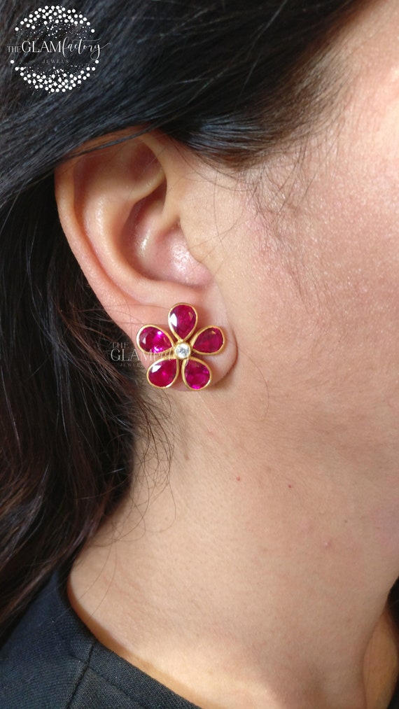 Ruby Diamond Flower Studs Earrings Pair Real Gold 18K Filled Silver 925 Etsy