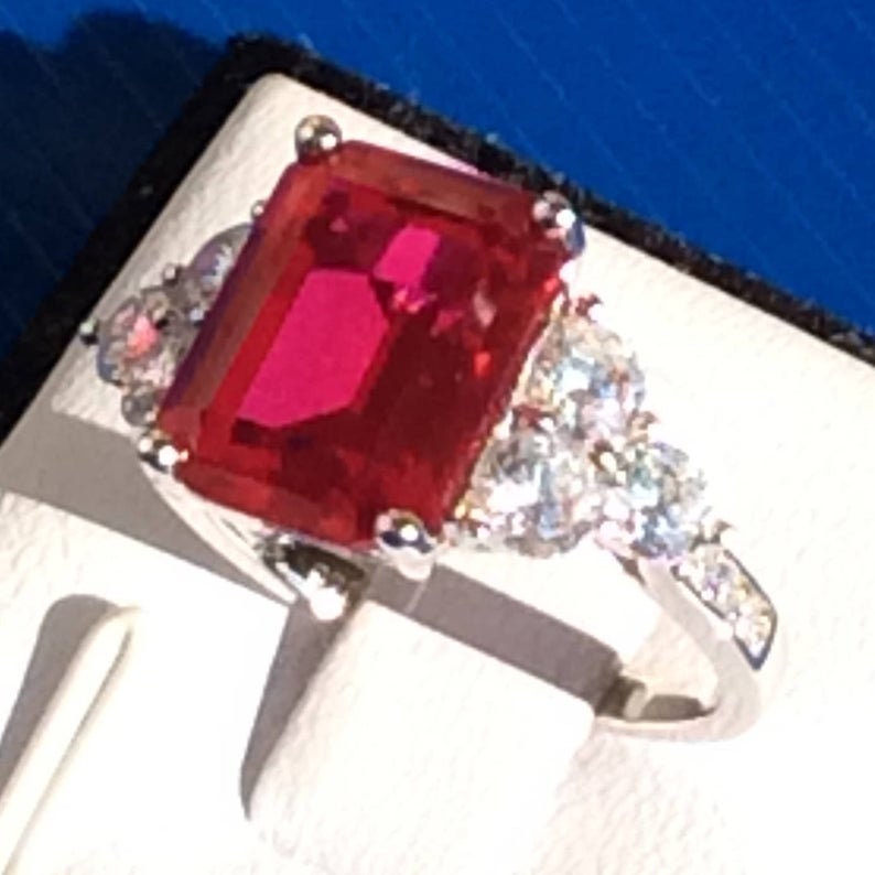 Ruby Engagement Ring: Emerald Cut Simulated Created Ruby Engagement ...