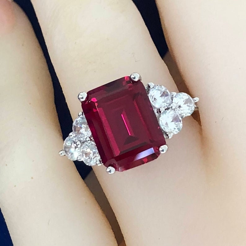 Ruby Engagement Ring: Emerald Cut Simulated Created Ruby Engagement ...