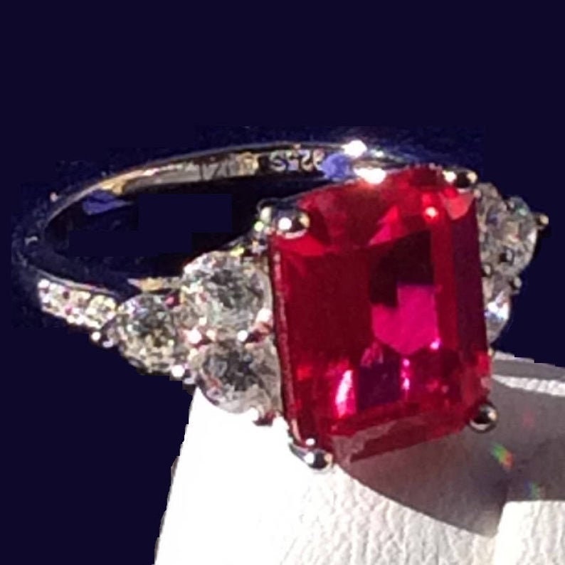Ruby Engagement Ring: Emerald Cut Simulated Created Ruby Engagement ...
